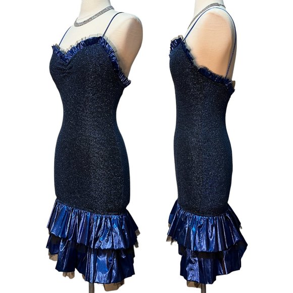 New Leaf | Dresses | Vintage Metallic Blue Ruffled Party Dress | Poshmark